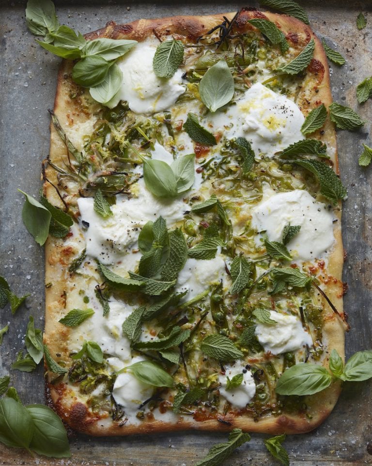 Green Pizza (with Asparagus, Peas, Mint and Burrata) - What's Gaby Cooking