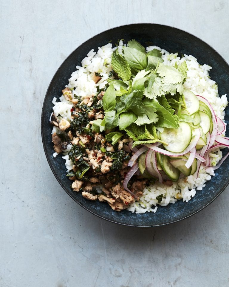 Chicken Mushroom Larb Bowls (with coconut rice!) - What's Gaby Cooking